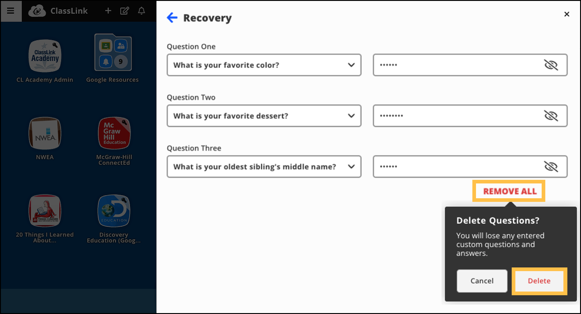Remove Challenge Response Questions for Password Recovery