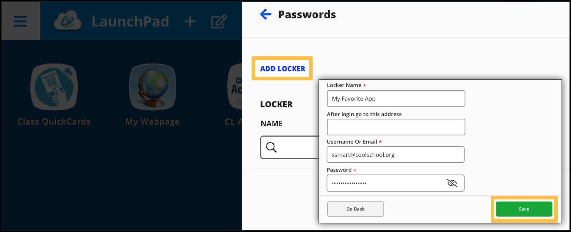 LaunchPad Home Page: Add an App Account