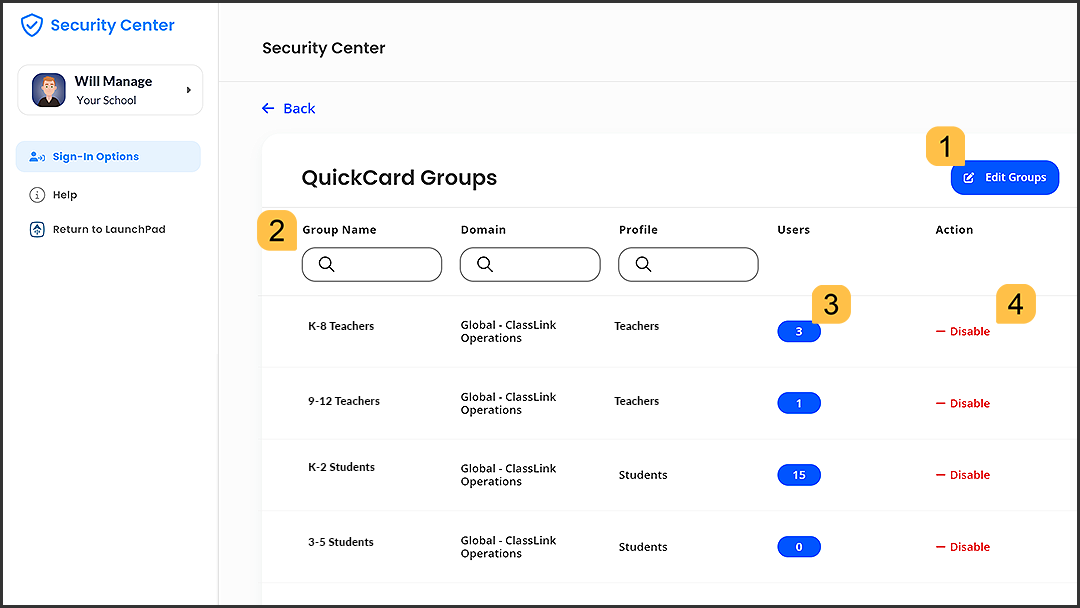 QuickCard Management for Delegated Users: QuickCard Groups