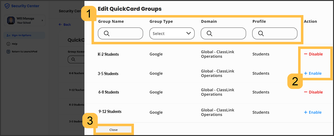 QuickCard Management for Delegated Users: Edit Groups