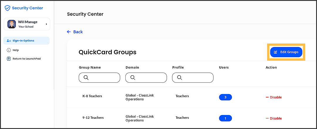QuickCard Management for Delegated Users: Edit Groups