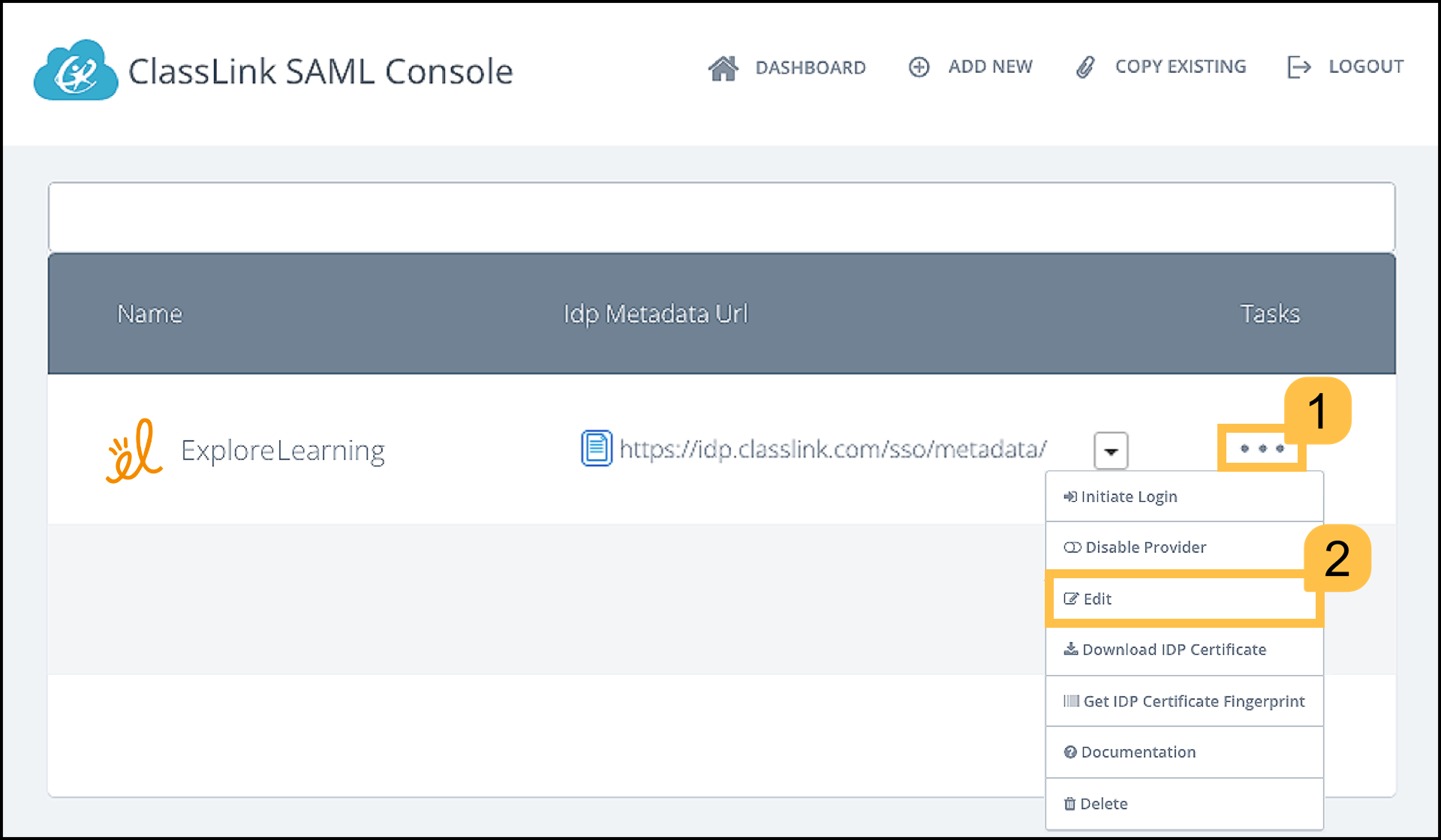 Legacy SAML Console: Create a SAML Single Sign-On for ExploreLearning
